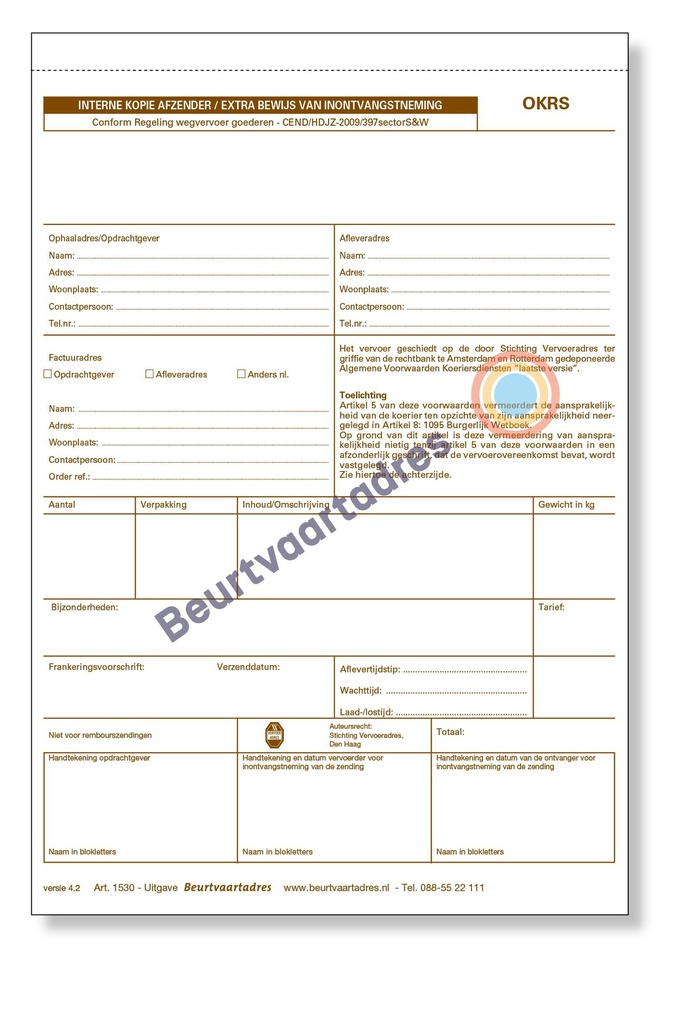 Koeriersvrachtbrief Model OKRS | Beurtvaartadres.nl